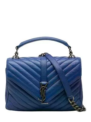 Saint Laurent 2015 Medium Quilted Chevron Sheepskin College Satchel - Blue