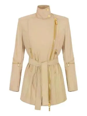 Elisabetta Franchi Taffeta Voile Jacket With Architectural Design And Golden Metal Zips - Neutrals