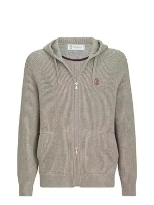 Brunello Cucinelli Cashmere English Rib Hooded Knit Sweatshirt With Logo And Zipper - Grey