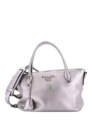 Prada Dual Strap Zip Tote Vitello Daino Small Shoulder Bag Silver