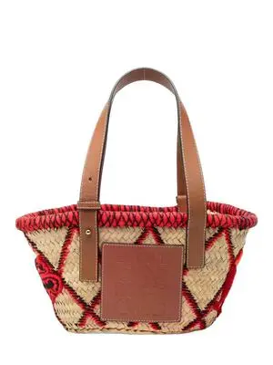 Loewe 2019 Small Raffia Animal Embroidered Anagram Basket Tote Bag - Neutrals