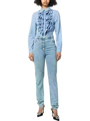 Moschino Ruffled Washed-denim Shirt - Blue