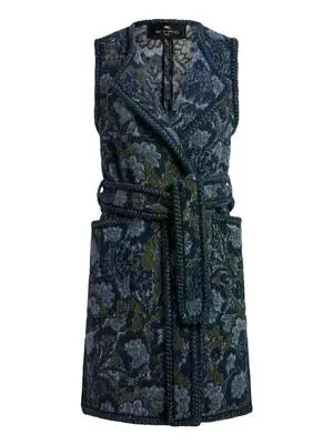 Etro Long Waistcoat In Cotton-blend Bouclé Jacquard With Floral Motif - Blue