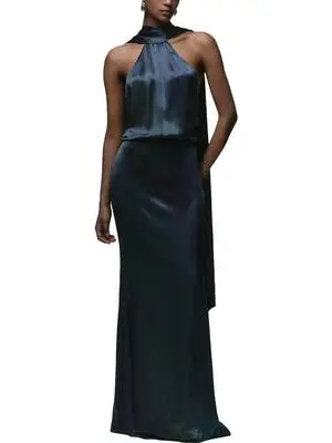 CAYET Lama Halterneck Draped-panel Maxi Dress - Blue