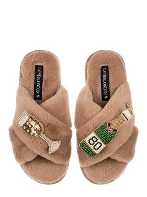 LAINES LONDON Laines London Classic Faux Fur Slippers With Embellished Champagne Glass And '80' Bottle Brooches Brown