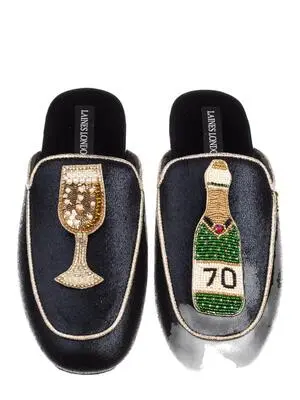 LAINES LONDON Embellished Mules With Champagne Brooch Detail - Black/gold
