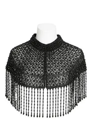 RICHA SHARMA Handmade Beaded Cape Shawl Pearl Fringe Evening Wear - Black