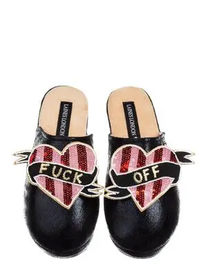LAINES LONDON Embellished Heart Brooch Slippers - Black