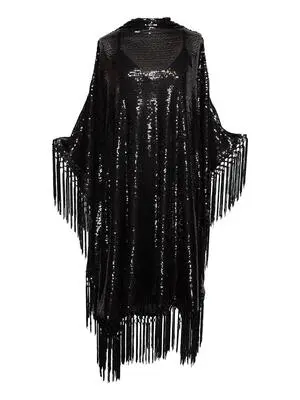 JENNAFER GRACE Sequin Mock Neck Kaftan Dress With Slip And Silk Fringe - Black