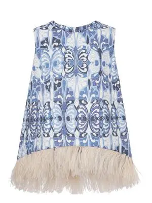 La DoubleJ La Scala Feather-trimmed Cotton Top - Blue