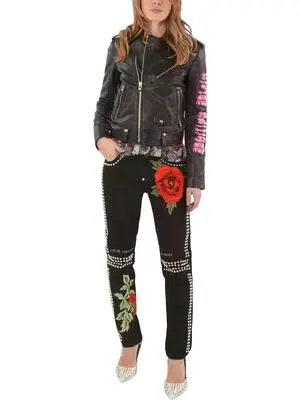 Philipp Plein Couture Angel Embroidered Leather Biker Jacket - Black