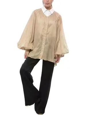 THELATEST Balloon-sleeves V-neck Shirt - Pink