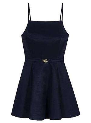 Maje Square-neck Belted Woven Mini Dress - Navy