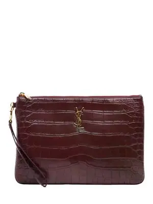 Saint Laurent 2022 Croc Embossed Calfskin Monogram Tablet Pouch Clutch Bag - Red