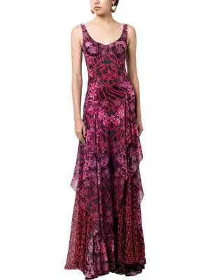 Versace Orchid Barocco-print Ruffled Silk Maxi Dress - Black