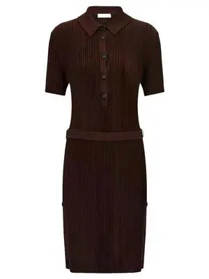 FERRAGAMO Knitted Ribbed Polo Dress With Belt - Brown