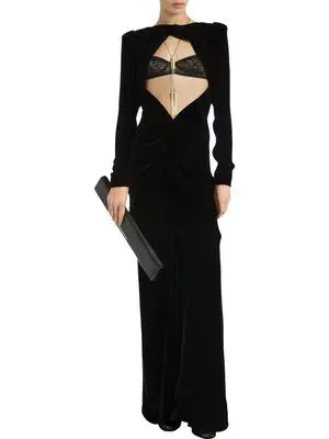 Balmain Long Velvet And Lace Gown - Black