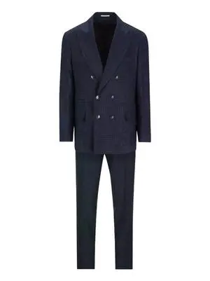 Brunello Cucinelli Check Double-breasted Suit - Blue