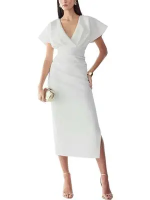 BWLDR Eliza V-neck Ruched Midi Dress - White