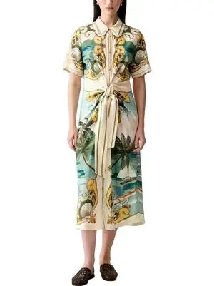 Farm Rio Graphic-print Knot-detail Midi Dress - Neutrals