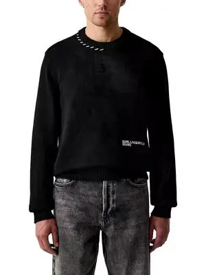 Karl Lagerfeld Crew Neck Sweater With Whipstitch Trim And Logo Print - Black