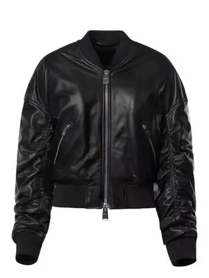 DONDUP Ruched Leather Bomber Jacket - Black