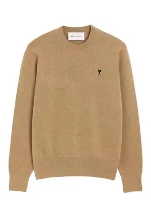 AMI Paris Crewneck Wool Sweater With De Coeur - Neutrals
