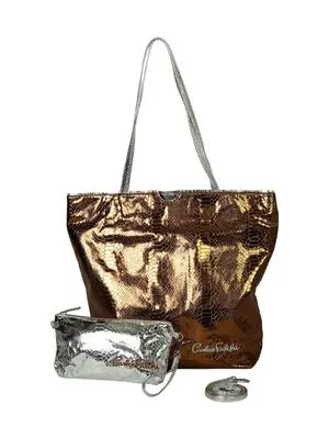 Carlos Falchi Microfibre Python Textured Tote With Detachable Pouch - Gold