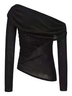 ELYWOOD Shirred Off-shoulder Long-sleeved T-shirt - Black