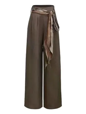 ELYWOOD Belted Pleated Palazzo Pants - Brown