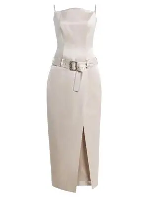WIEDERHOEFT Julie Belted Cotton-silk Satin Midi Dress - Silver