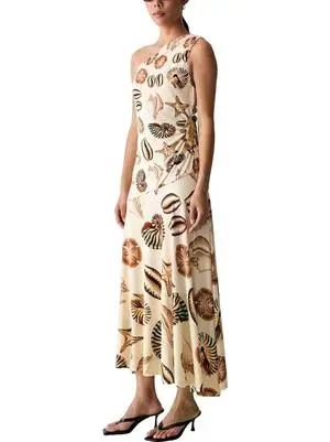 Farm Rio Seashell-print One-shoulder Midi Dress - Neutrals