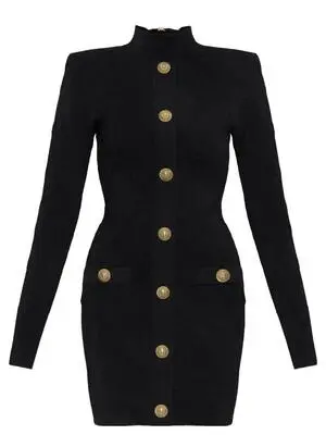 Balmain Button-embellished Diamond-knit Mini Dress - Black