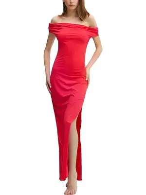 Bond Eye Off-shoulder Ruched-sleeve Maxi Beach Dress - Red