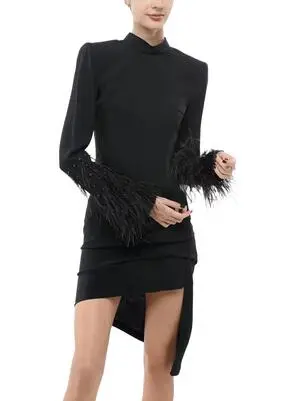 LA SEMAINE Feather-trim Open-back Mini Dress - Black