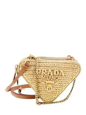 Prada Triangle Logo Zip Around Shoulder Bag Raffia And Leather Mini Crossbody Bag - Neutrals