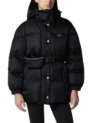 Prada Re-nylon Hooded Padded Jacket With Pouch - Black