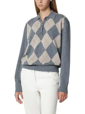 RÓHE Polo With Beige Argyle Pattern In Wool Blend - Grey