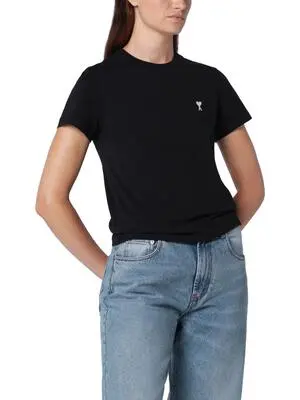 AMI Paris De Coeur Embroidered Cotton T-shirt - Black