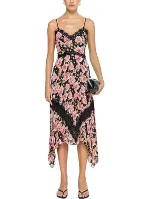 NISSA Pleated Floral Midi Dress - Black