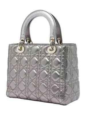 Dior 2018 Medium Metallic Lambskin Cannage Lady Satchel - Silver