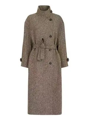 Brunello Cucinelli Sparkling Virgin Wool Chevron Belted Coat With Monili - Brown