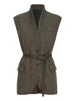 Brunello Cucinelli Sparkling Virgin Wool Chevron Vest With Leather Belt And Monili - Brown