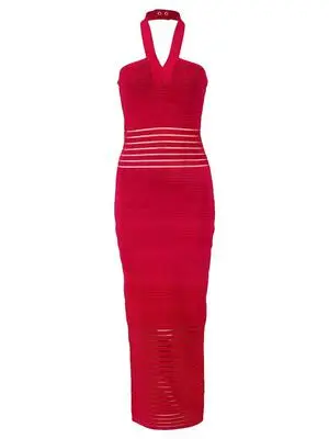 Balmain Halterneck Openwork-panel Maxi Dress - Red