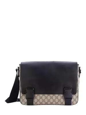 Gucci Double Buckle Flap Messenger Bag Gg Coated Canvas With Leather Medium Crossbody Bag - Black