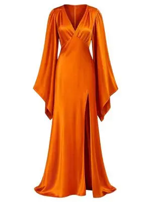 NEMA Satin-finish Flared-sleeve Maxi Dress - Orange