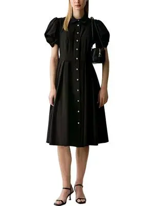 Dkny Puff-sleeve Pleated Midi Dress - Black