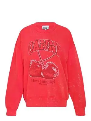 GANNI Cherry-print Acid-wash Sweatshirt - Red