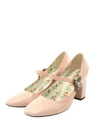 Gucci Patent Leather Mary Jane Block Heel Pumps With Bee Embellishment - Pink