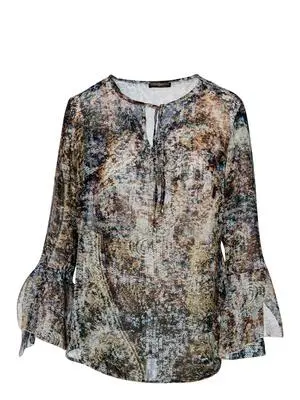 CONQUISTA Print Voile Top With Flounce Sleeves - Gray